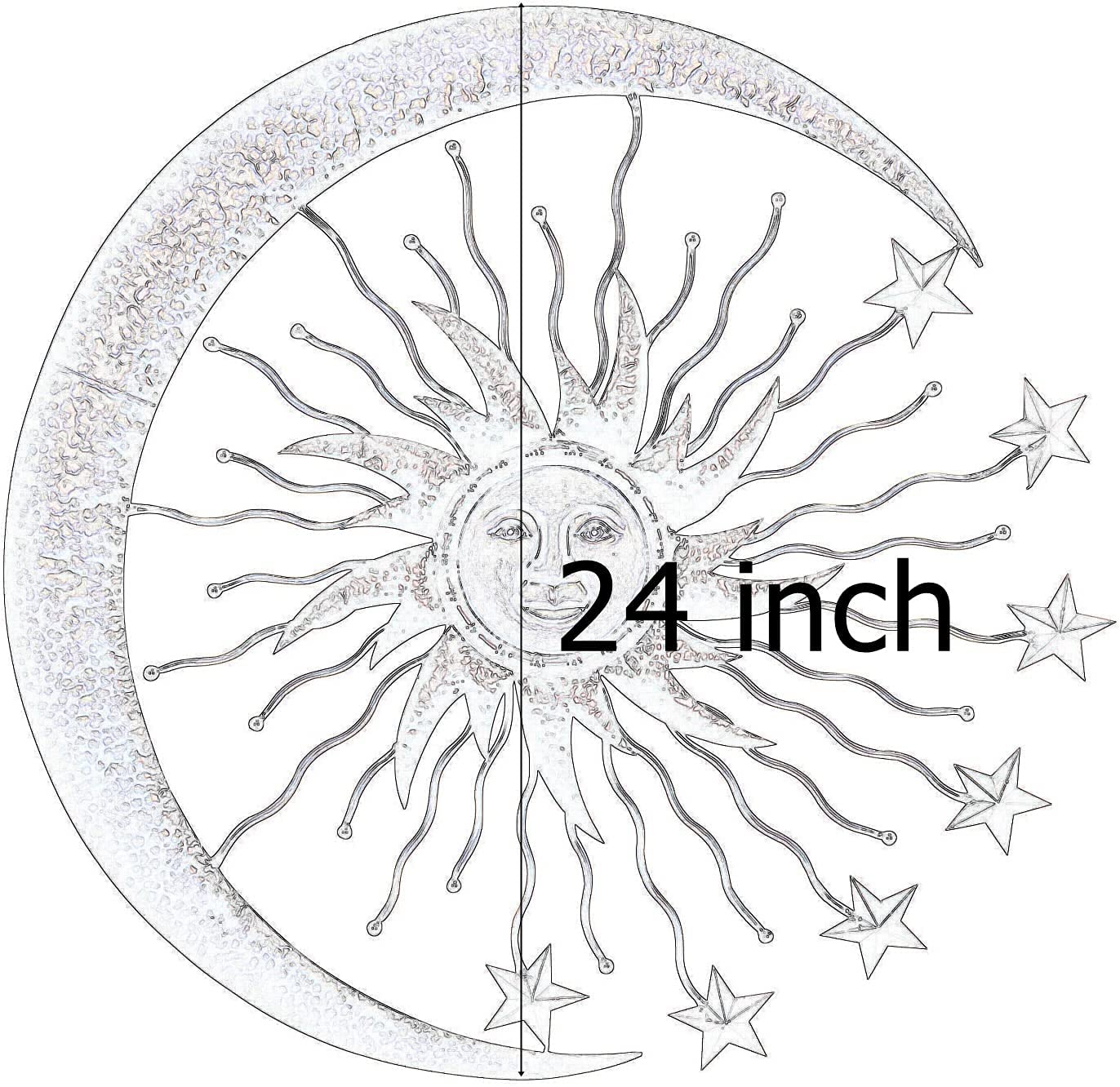 Bellaa Metal Wall Art Sun Moon Stars Indoor Crescent Celestial Outdoor Hanging Garden Home Decor Large 24 inch