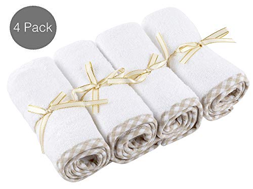 Channing & Yates Premium Hooded Baby Towel + (4 Piece) X-Large Washcloth Gift Bundle - Organic Bamboo Baby Towels and Washcloths- (Beige Gingham Bundle)…