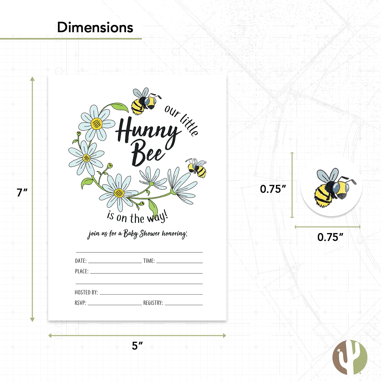 Desert Cactus Bumble Bee Baby Shower Invitations Invite Cards (25 Count) With Envelopes Girl Boy (25ct Baby) Bee 3