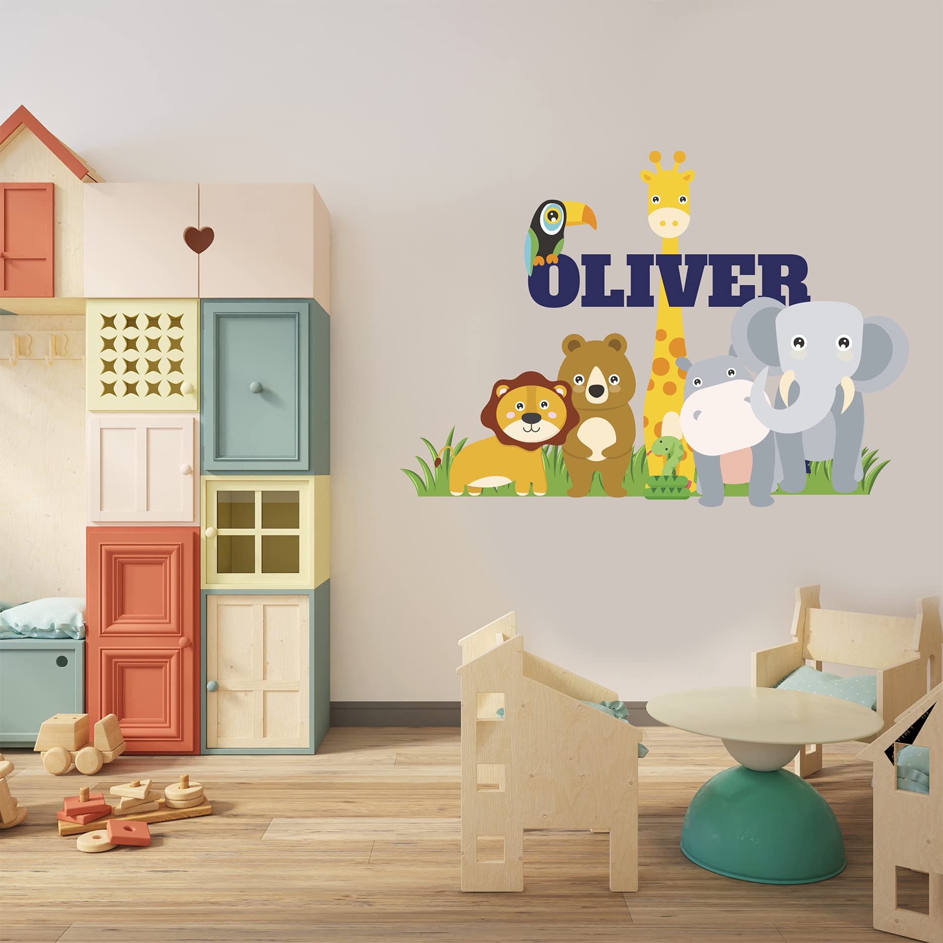 waldo Custom Name Jungle Animals - Baby Boy Girl Wall Decal - Animals Wall Decor - WD30. Zoo Theme Wall Decal Removable Nursery Wall Decal for Kids Room - Animals Name Sticker