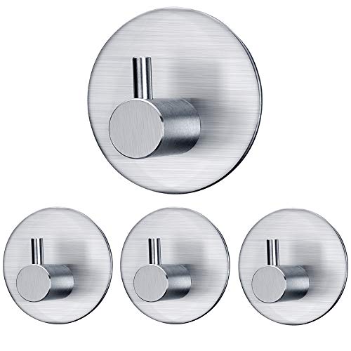 Adhesive Hooks Heavy Duty Wall Hooks Waterproof Stainless Steel Hooks for Hanging Coat, Hat,Towel Robe Hook Rack Wall Mount- Bathroom and Bedroom(Round)-4 Packs
