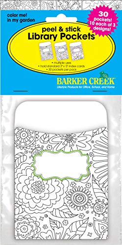 BARKER CREEK Peel & Stick Library Pockets, Color Me in My Garden, 3 Designs, Great for Holding Library, Index, and Flash Cards, Hall Passes, Recipes, and More! 3-1/2" x 5-1/8", 30 per Pkg (1243)