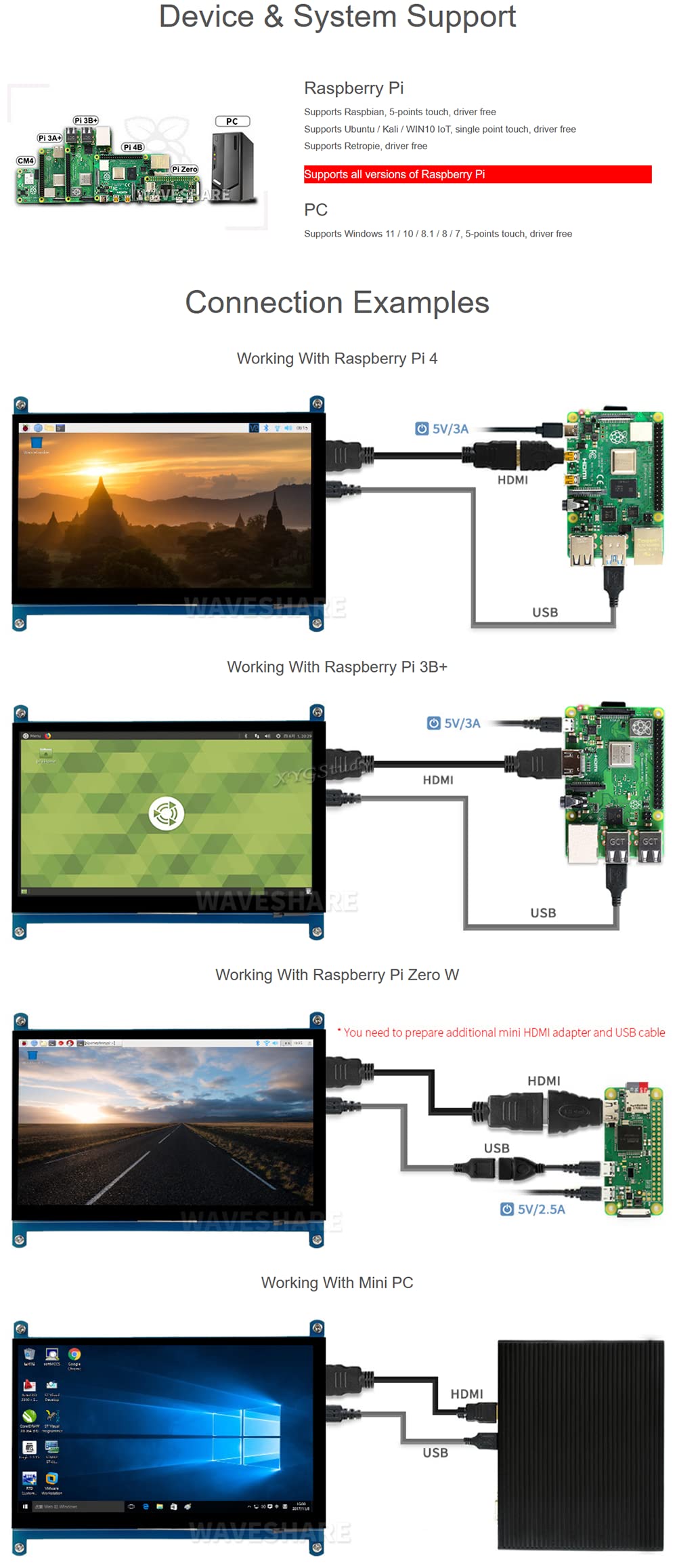 7inch HDMI LCD (C), HDMI Interface Raspbian LCD 1024 * 600 Capacitive Touch Screen Display Mini PC Supports Raspberry Pi 4 3 2 Model B B+ A+ & BeagleBone Black & Banana Pi/Pro @XYGStudy