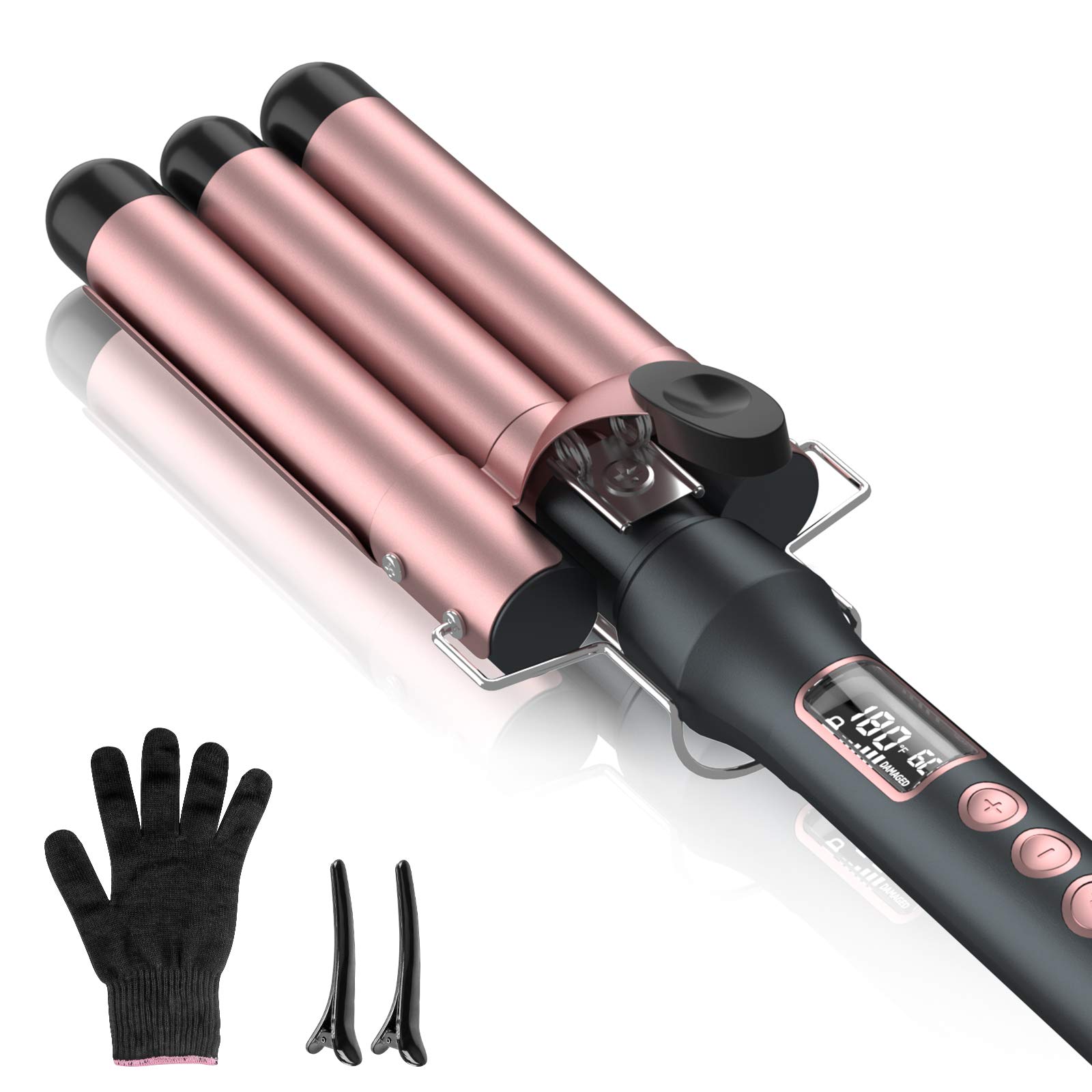 3 Barrel Curling Iron Wand 25mm Hair Waver Crimper Hair Iron with LCD Display, Ceramic Tourmaline Triple Barrels Temperature Adjustable, Dual Voltage (Rose Gold)