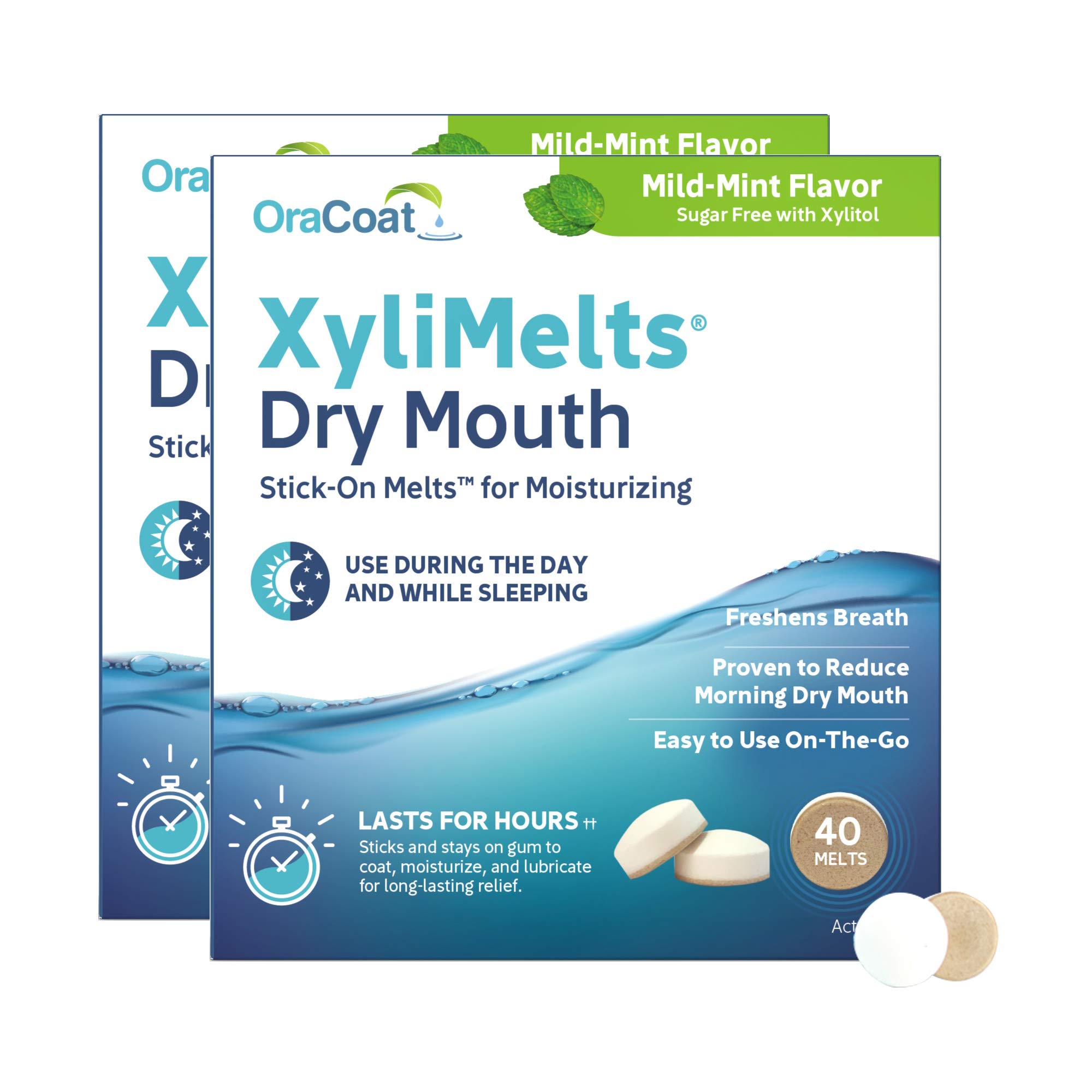 OraCoat XyliMelts Dry Mouth Relief Moisturizing Oral Adhering Discs 40 Count, 2 Pack, Mild Mint with Xylitol, for Dry Mouth, Stimulates Saliva