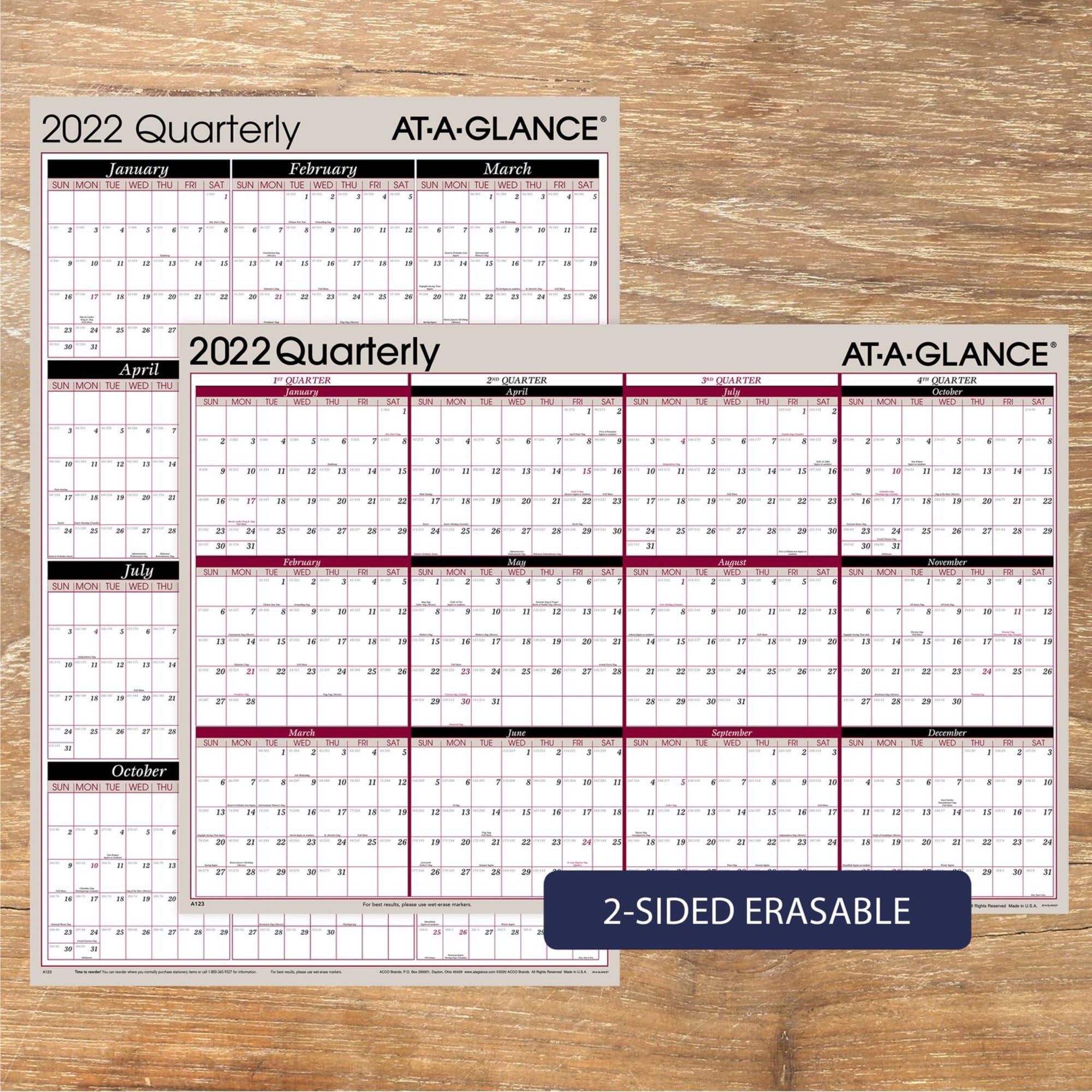 2022 Erasable Calendar, Dry Erase Wall Planner by AT-A-GLANCE, 36" x 24", Large, Vertical/Horizontal, Reversible, Quarterly, Red (A123)