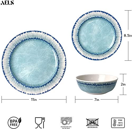 AELS Melamine Dinnerware Set of 18 Pcs Dinner Dishes Set, Lightweight Unbreakable for Indoor and Outdoor Use, BPA Free, Dishwasher Safe, Light Blue