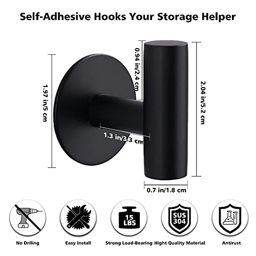 Adhesive Towel Hooks, Heavy Duty Wall Hooks Stainless Steel Waterproof Shower Towel Hooks, Coat Hooks for Hanging Clothes, Door Hooks Adhesive Hooks for Bathroom- 4 Pack, Black