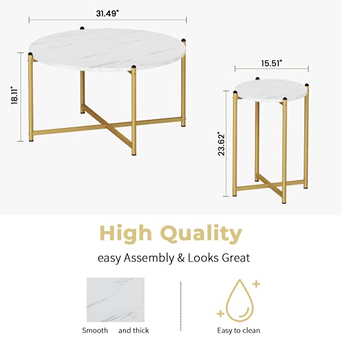 DKLGG Coffee Table Set of 3, Modern Round Coffee Table & 2pcs End Table Faux Marble Tabletop with Gold Cross Base Frame, Modern Living Room Table Sets for Apartment, Small Space (Gold)