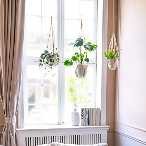 Mkono 3 Pack Macrame Plant Hangers with Pots, 35"/29"/23" Indoor Different Size Hanging Planter Basket Flower Pot Holder with Saucers & Hooks No Tassels (Plastic Flower Pots Included), Medium, Ivory
