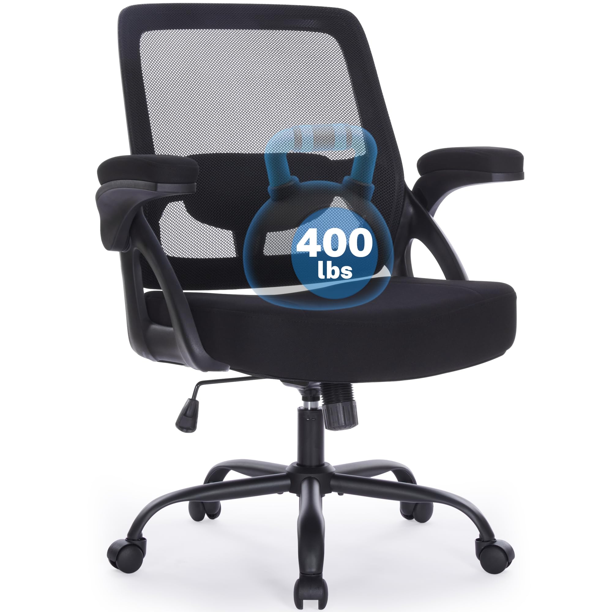 400lb Big and Tall Office Chair, Mesh Heavy Duty Desk Chair, Flip Arms Plus Size Ergonomic Computer Chair Extra Wide Seat, Executive Home Office Rolling Swivel Task Chairs for Heavy People