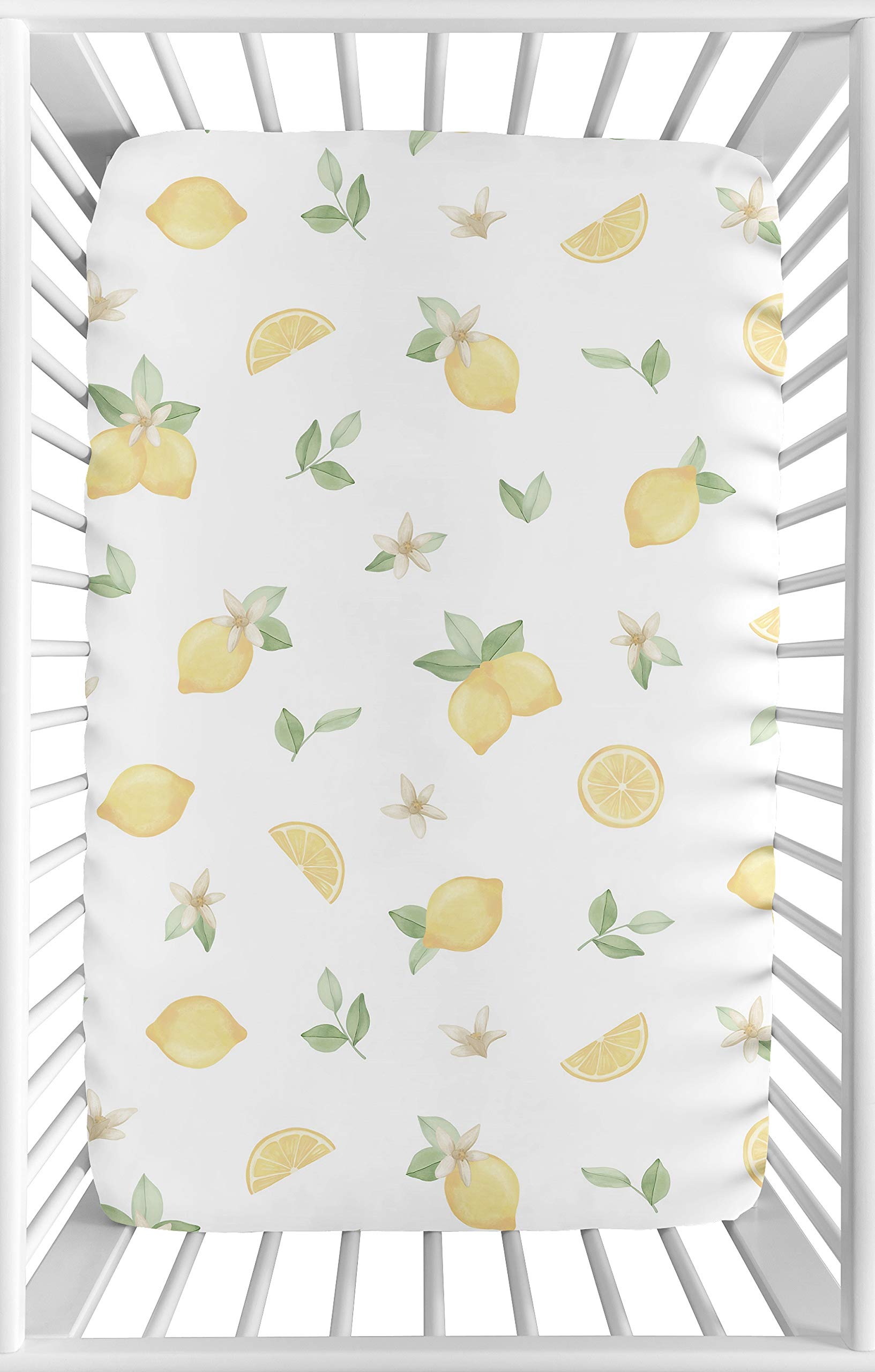 Sweet Jojo Designs Lemon Floral Girl Fitted Mini Crib Sheet Baby Nursery For Portable Crib Pack and Play Yellow Green Beige White Watercolor Boho Bohemian Farmhouse Fruit Flower Blossom Botanical Leaf