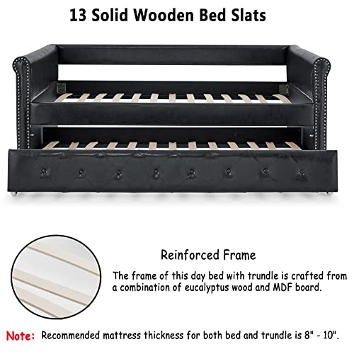 Antetek Daybed with Trundle, Twin Size Upholstered Daybed with A Trundle, Modern PU Leather Day Bed, No Box Spring Required, Sofa Bed for Bedroom, Living Room, Guest Room, Black