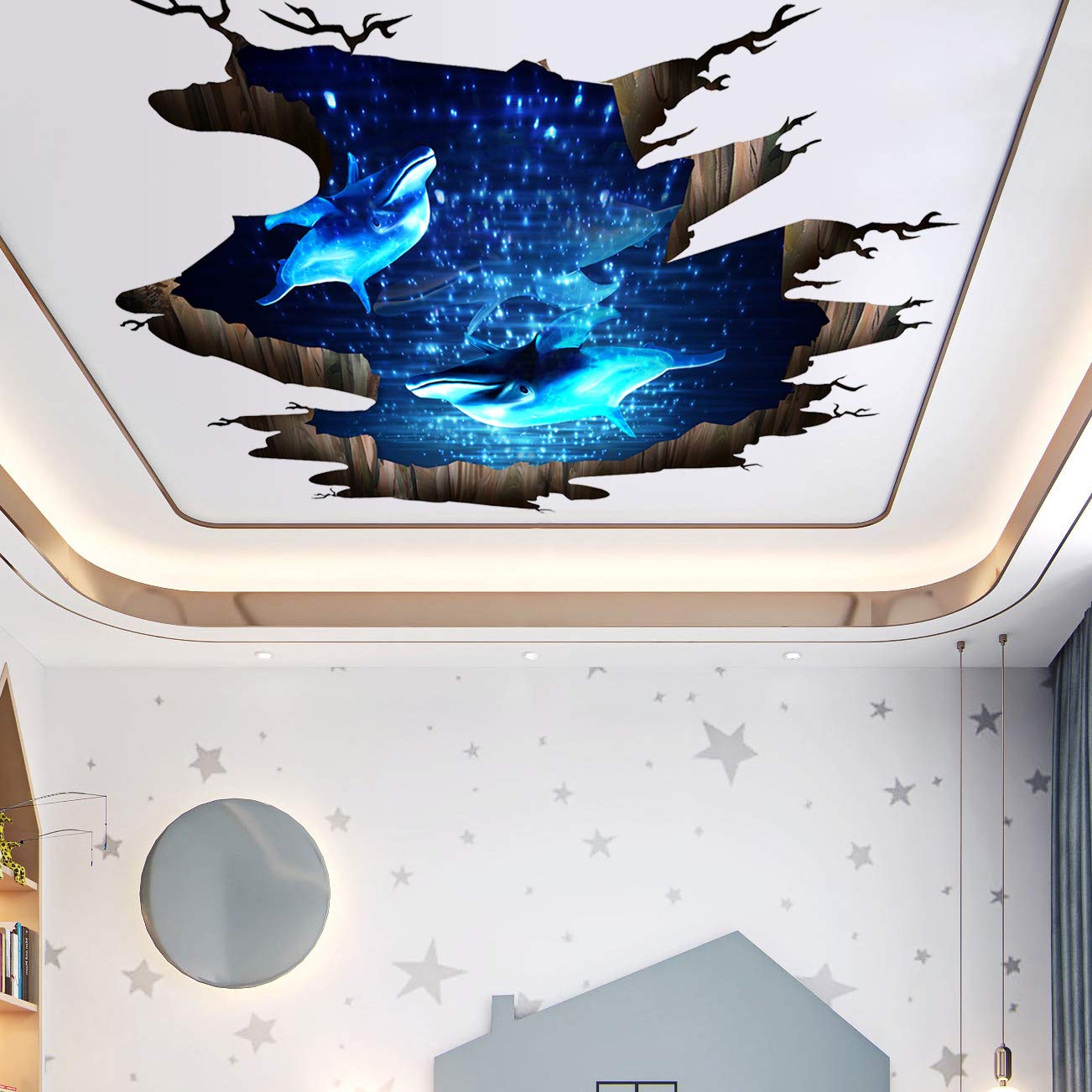 3D Galaxy Universe Scene Blue Cosmic Wall Decals Removable Magic 3D Milky Way Outer Space Dolphin Planet Starry Sky Stars Wall Decals for Kids Bedroom Ceiling Living Room Nursery