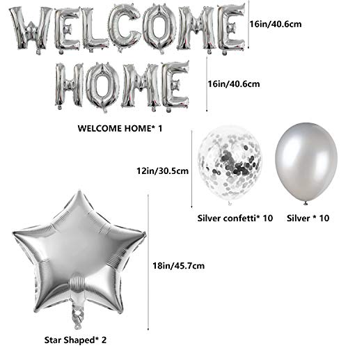 JumDaQ Welcome Home Letter Balloon Banner with Star Confetti Balloons for Home Family Party Decorations( 24 Pack) (Silver)