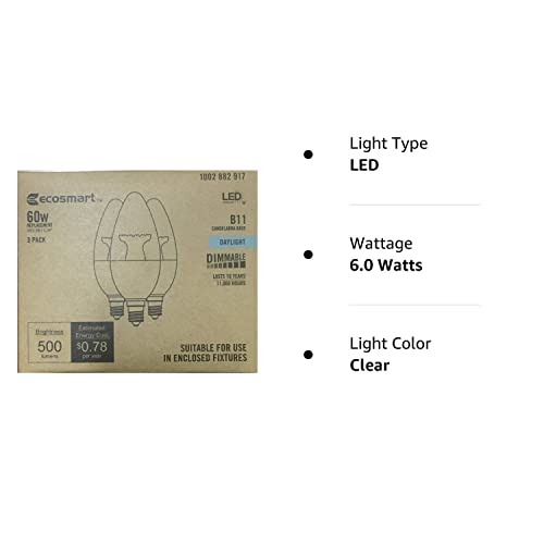 3-Pack Ecosmart 60 Watt Equivelent LED Dimmable Candelabra Daylight Uses 6 Watts Daylight 5000 K 500 Lumens