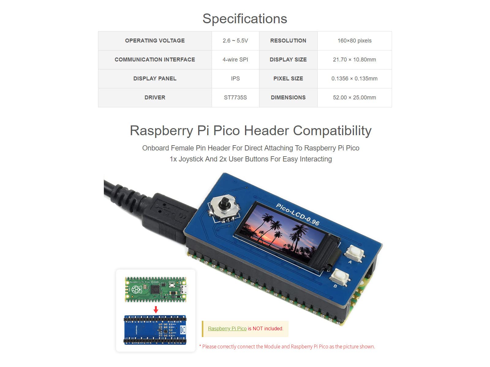 Waveshare 0.96inch LCD Display Module for Raspberry Pi Pico 65K RGB Colors 160×80 Pixels SPI Interface Embedded ST7735S Driver