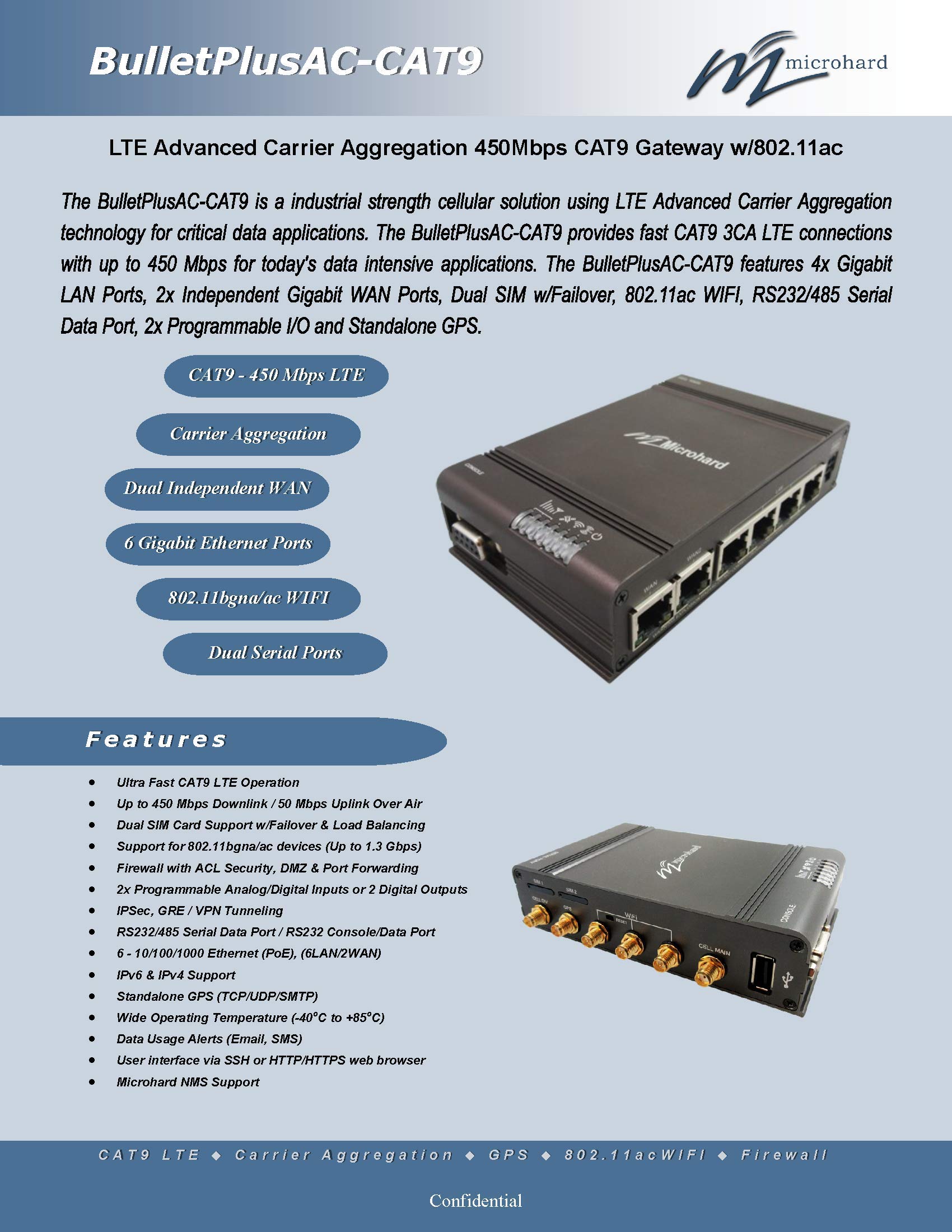 BulletPlusAC-CAT9 - LTE Advanced Carrier Aggregation 450Mbps CAT9 Gateway w/802.11ac (AC Adapter)