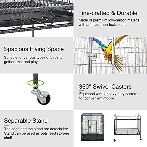 Epetlover 53 Inch Height Wrought Iron Standing Parrot Large Flight Bird Cage with Rolling Stand Birdcages for Parakeet Cockatiel Conure Lovebird Finch Black