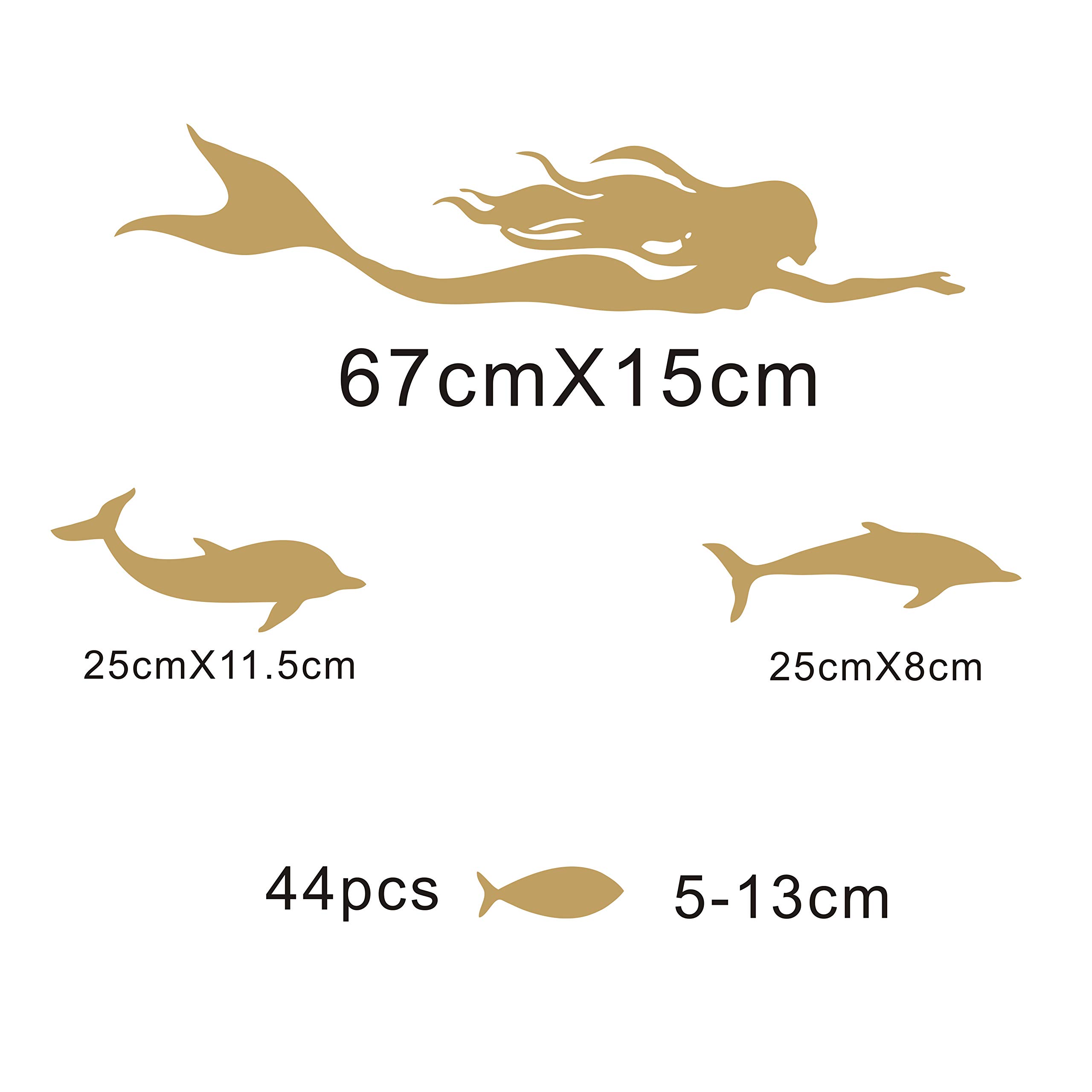 Yyart Mermaid Wall Decals, Fish Wall Stickers, Nautical Sea Ocean Dolphin Decal, Vinyl Sticker for Bathroom, Nursery Decor, Home Decor Art Mural A56 (Gold)