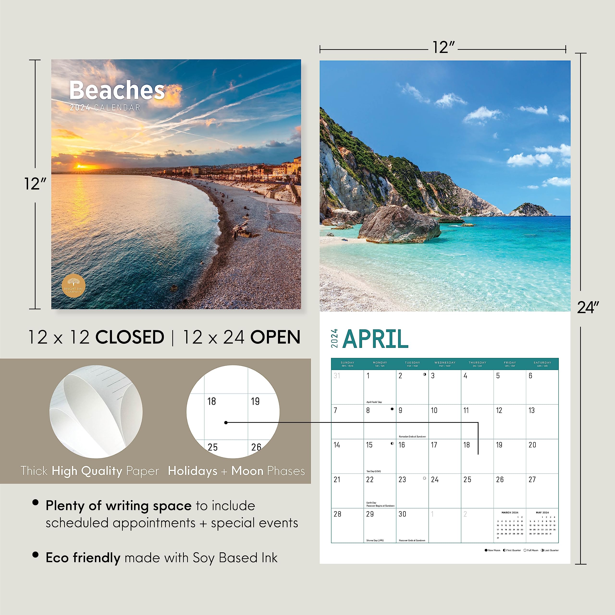2024 Beaches Monthly Wall Calendar by Bright Day, 12 x 12 Inch Beautiful Landscape Photography Gift