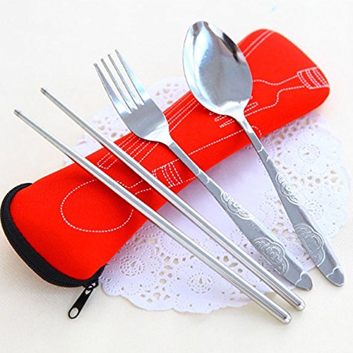 Bluelans® 3 Piece Stainless Steel (Chopsticks, Fork, Spoon) Portable Travel/Camping Cutlery Set with Neoprene Case (Purple)