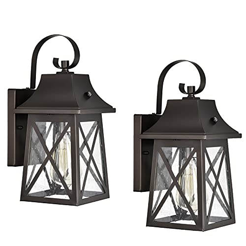 FLALINKO Dusk to Dawn Outdoor Wall Sconce - 2 Pack 14" Farmhouse Porch Light in Oil Rubbed Bronze Finish Clear Seedy Glass for Garage, Patio, Porch, Doorway, Entryway (ORB, Twin Pack)