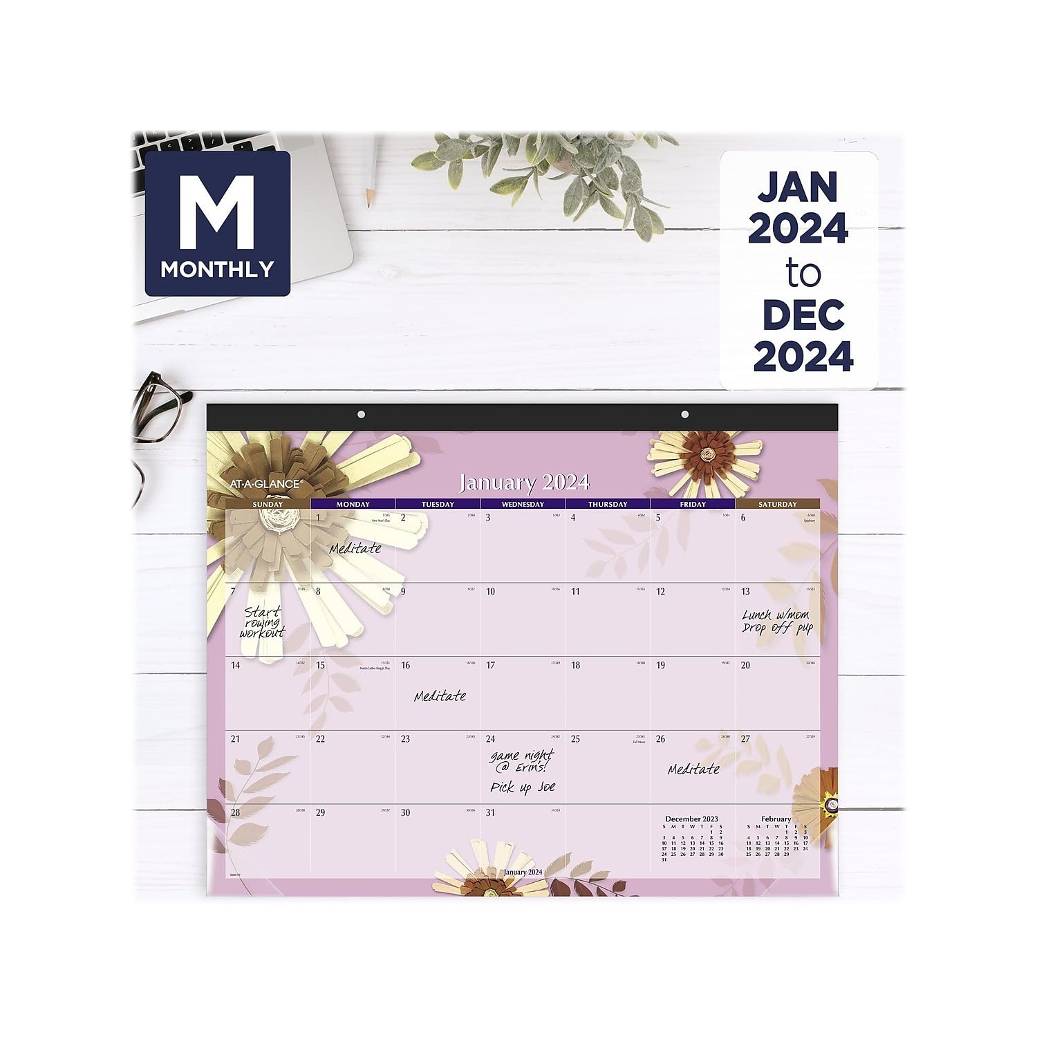 2024 AT-A-GLANCEĀ® Paper Flowers Monthly Desk Pad Calendar, 21-3/4" x 17", January To December 2024, 5035