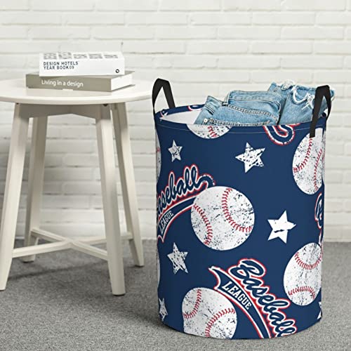 Baseball Laundry Hamper Collapsible Laundry Baskets with Handles Dirty Foldable Clothes Basket Easy Carry Laundry Bag Round Storage Basket for Bedroom Toy Blue