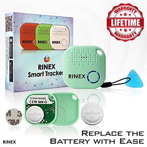 Bluetooth Key Finder β Key Locator Device with App, Siri Compatibility, Extra Battery β Anti-Lost GPS Keychain Tracker Device for Phone, Luggage, Backpack, Wallet β Tracking Chip Tags by Rinex