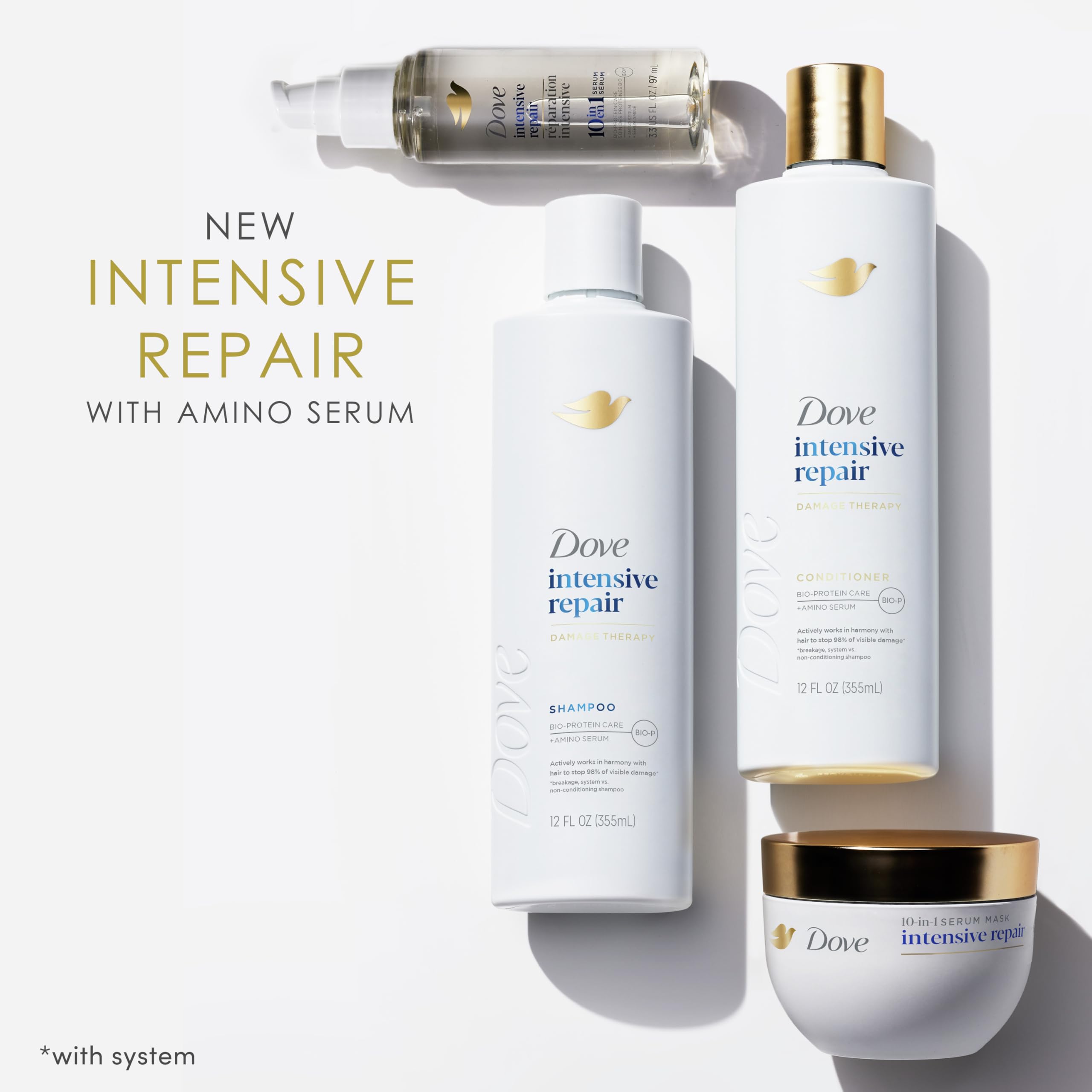 Dove Shampoo and Conditioner 2 Count for Damaged Hair Intensive Repair Bio-Protein Care Technology and Amino Serum 12 Fl Oz