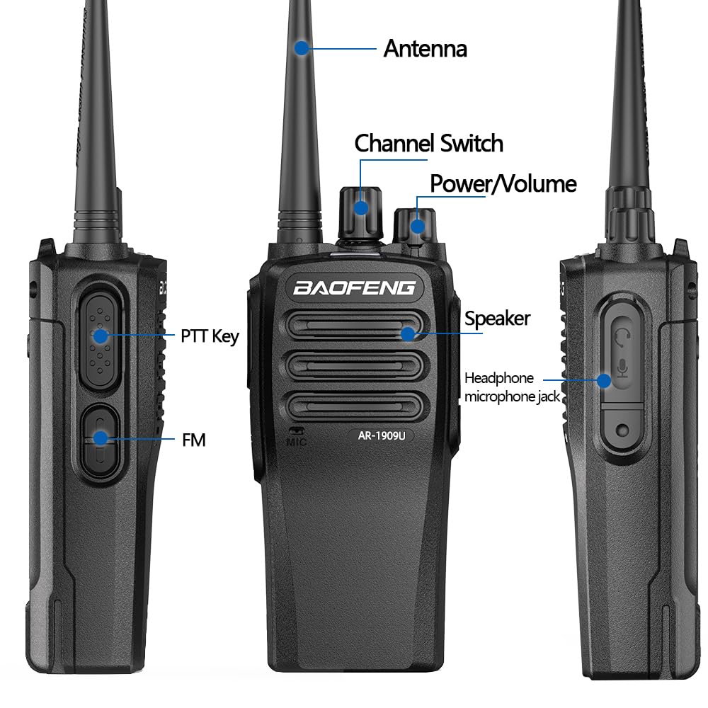 2Pack Baofeng AR-1909U Powerful Walkie Talkie Long Distance Ham Radio Handheld Portable Two Way Radio with AR-771 Antenna Type-C Charging Cable