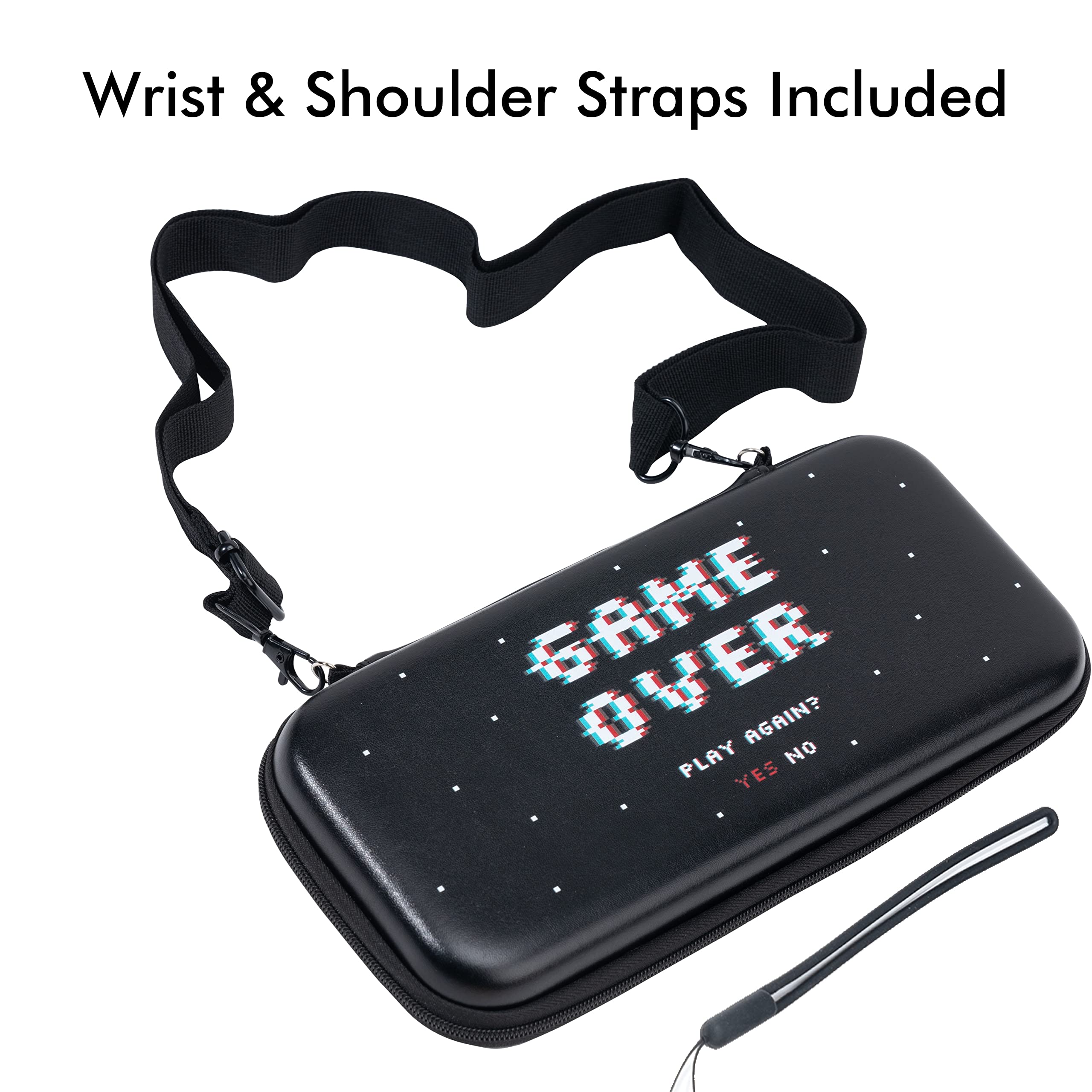 BelugaDesign Game Over Carrying Case | Retro Arcade Space Cool Kids Boys Travel Storage Wrist Shoulder Strap | Compatible with Nintendo Switch Standard Lite OLED (Black)