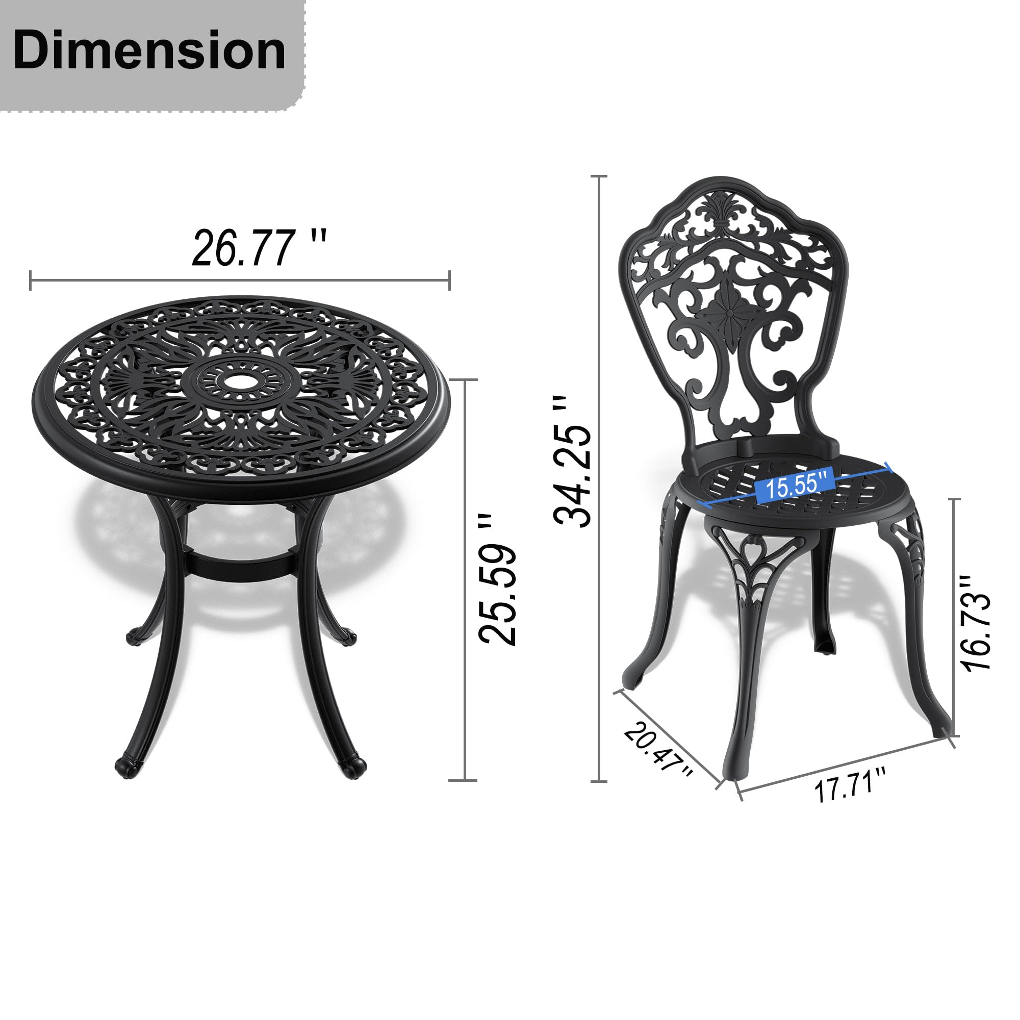3-Piece Cast Aluminum Patio Bistro Sets Patio Table and Chairs Set of 2 with Umbrella Hole for Yard, Balcony, Lawn, Garden, Backyard