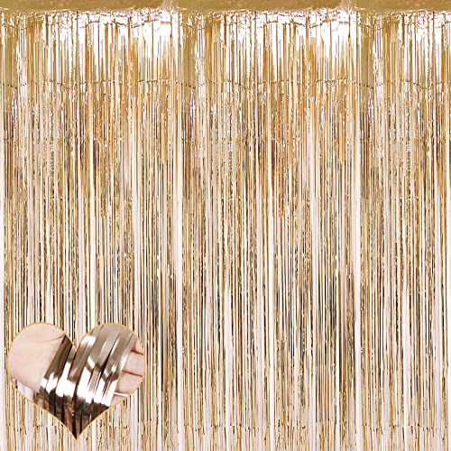 4 Pack Champagne Gold Fringe Curtain Backdrop, 3.2Ft x 8.2Ft Metallic Tinsel Foil Fringe Streamers Curtains Background for Photo Booth Birthday Baby Shower Party Thanksgiving Christmas Decorations