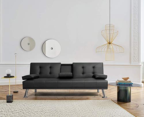 Flamaker Futon Sofa Bed Modern Faux Leather Couch, Convertible Folding Recliner Lounge Futon Couch for Living Room with 2 Cup Holders with Armrest