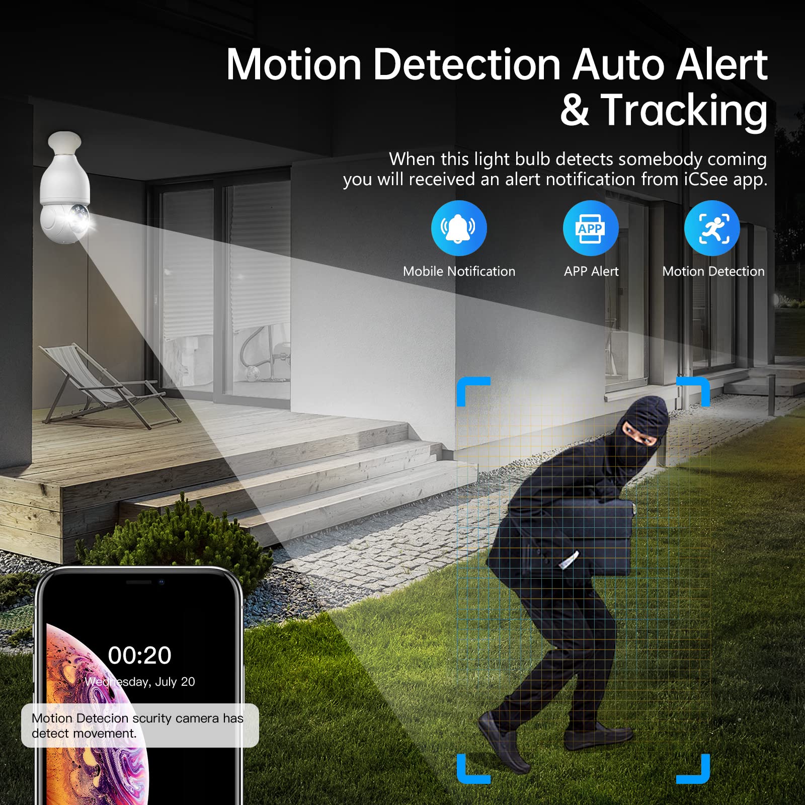 2.4GHz WiFi Light Bulb Security Camera,1080P Light Socket Camera, Outdoor Indoor Wireless Security Camera,Full Color Night Vision, TwoWay Dialogue,Motion Tracking,Alexa Support