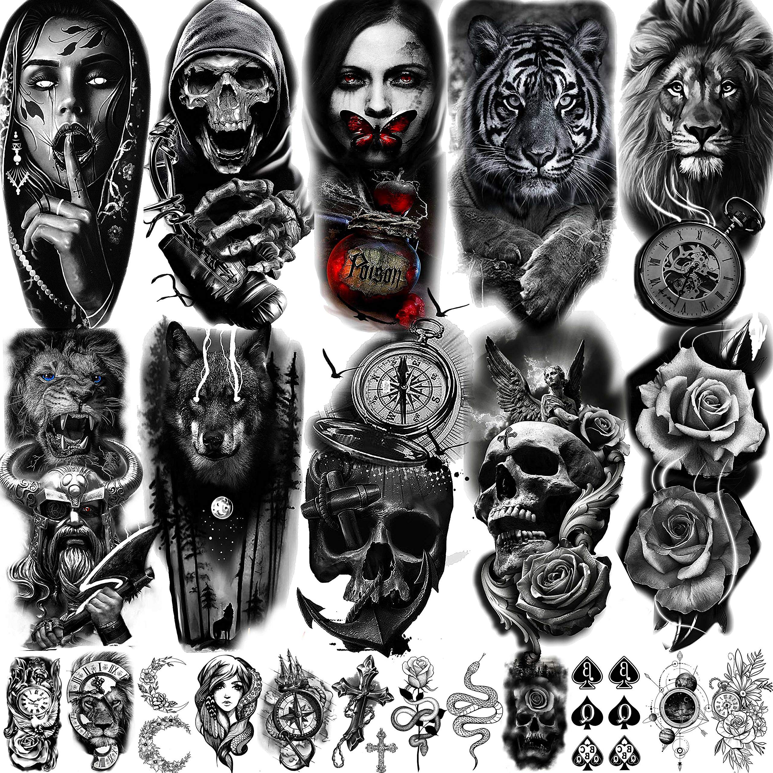 VANTATY 22 Sheets Sexy 3D Temporary Tattoos For Women Men Arm Forearm, Waterproof Fake Tattoo Stickers For Adults Realistic Tiger Lion, Halloween Skeleton Rose Flower Tatoos Warrior Anchor Compass