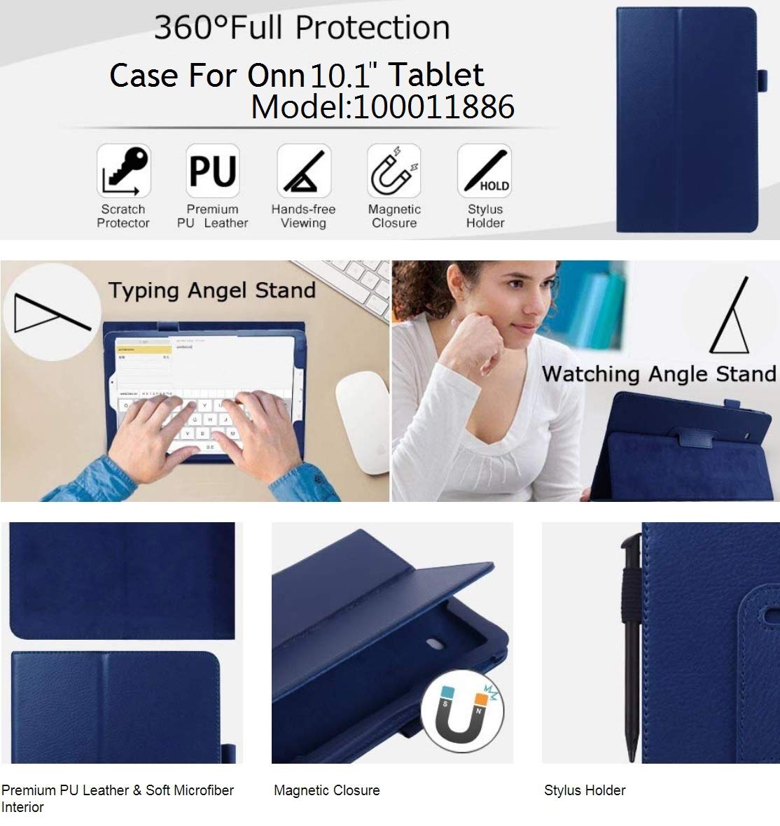 Onn. 10.1" Tablet Powered Case (2024 Model), PU Leather Protective Case [Family Case for Kids] with Multi-Angle Stand Folio Cover Case for ONN 10.1 inch Tablet (Black)