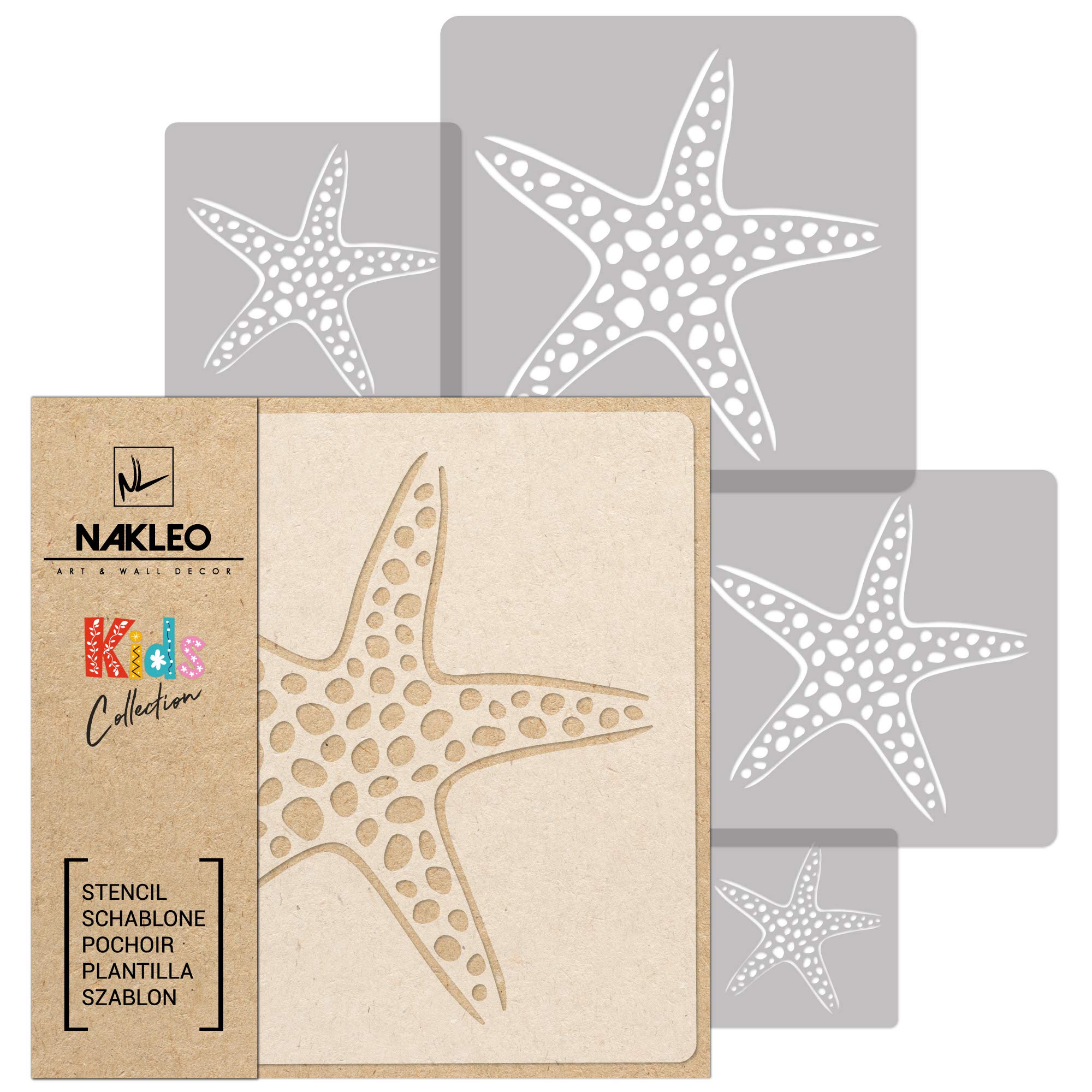 NAKLEO 5 pcs Reusable Plastic Stencils - Starfish Marine Animal - 13.4" to 3.5" - Pattern Children Kids Painting Template Room Decor - Craft DIY Wall Furniture
