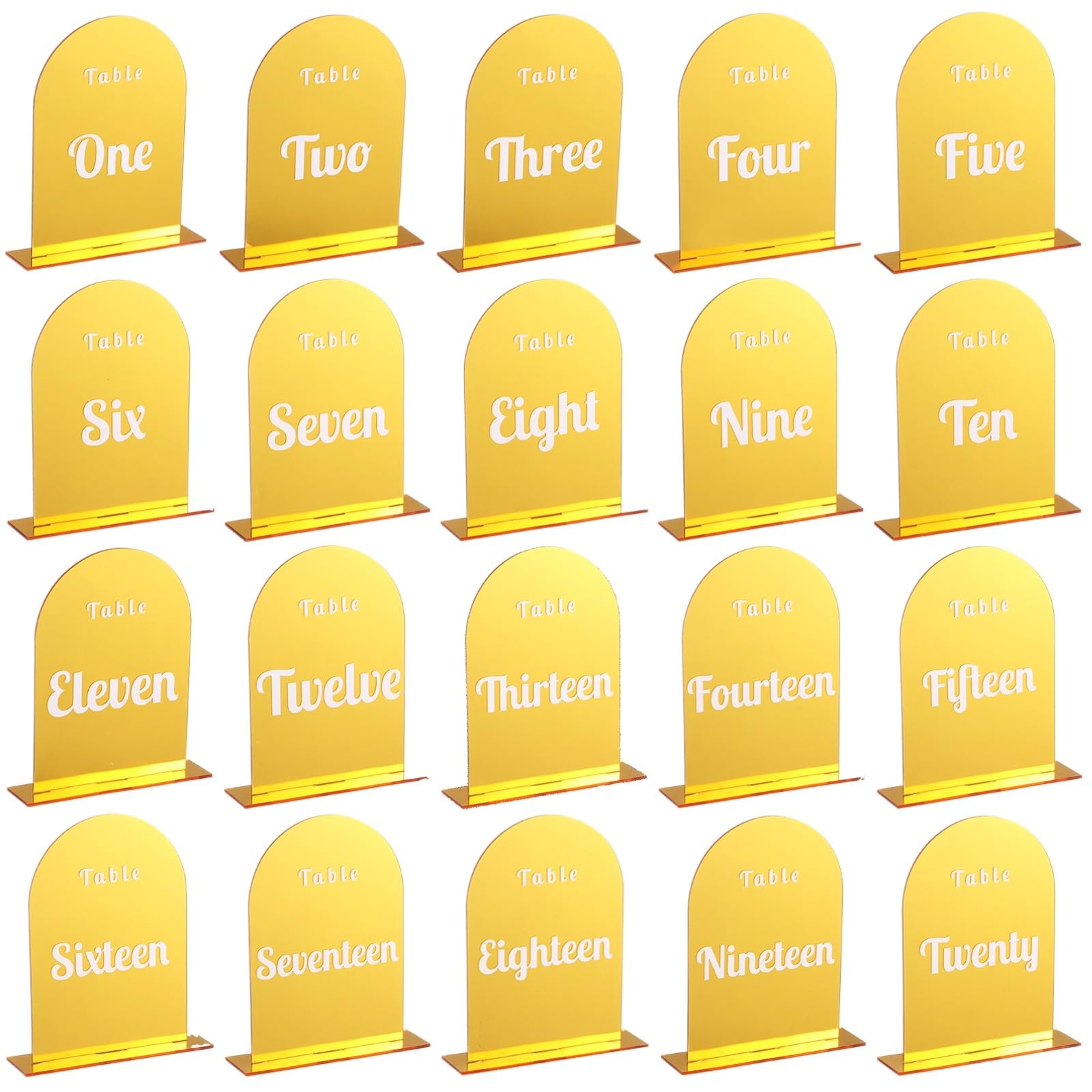 20 Pack Wedding Table Numbers with Stands 1-20, 4.7 X 5.6 Inch Gold Arched Mirrored Table Signs Number Display Stand for Wedding Reception Event Restaurant Decoration