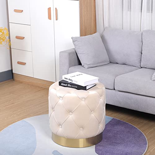 Modern Velvet Round Tufted Ottoman Button Stool with Gold Metal Base β Upholstered Footrest for Bedroom Living Room (Beige4, Large)