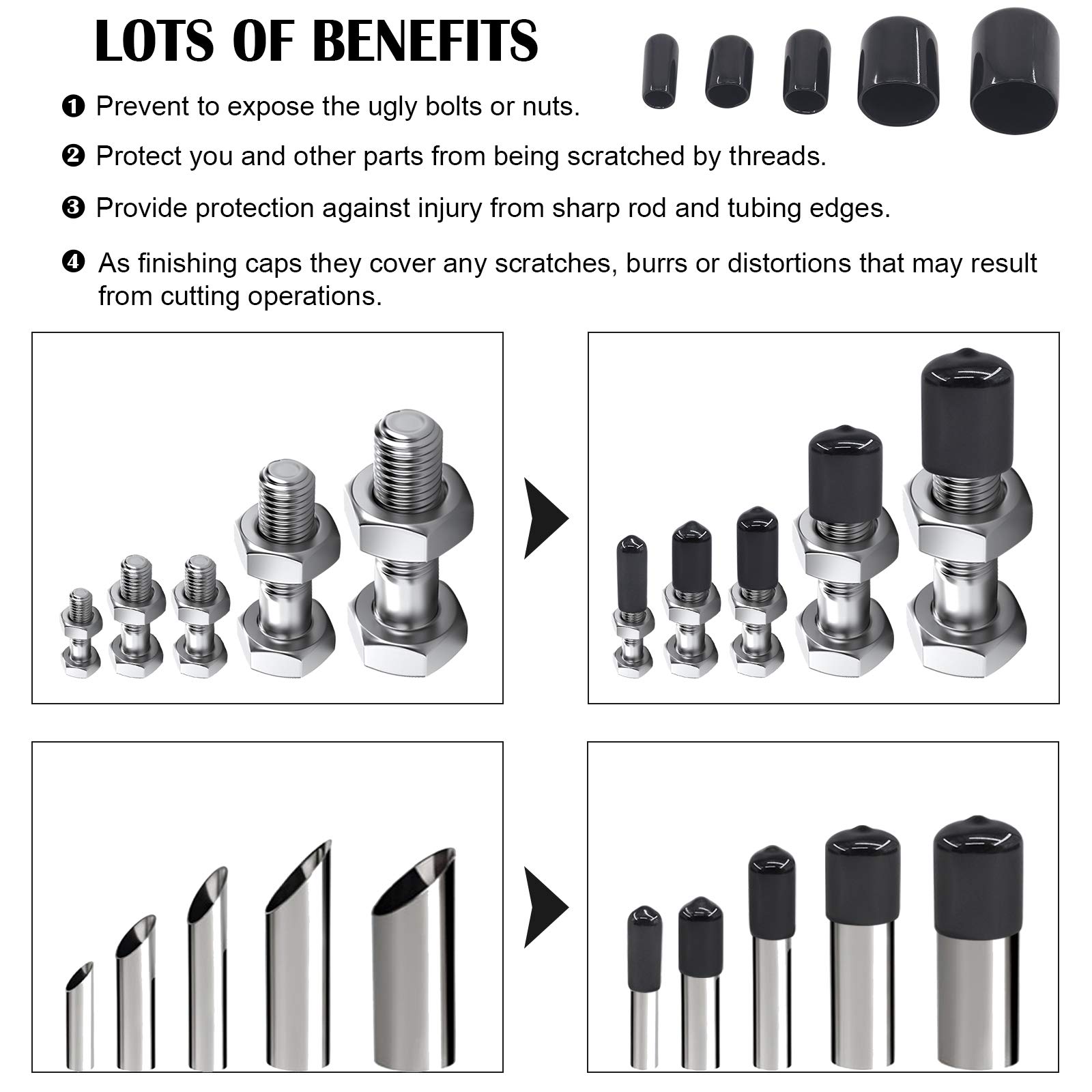 Glarks 48Pcs 1/4'' 3/8'' 1/2'' 3/4'' 7/8'' ID Black Rubber Thread Protector Covers Assortment Kit Vinyl Tube End Caps Round End Flexible Caps Set for Protecting Furniture Feet Tube and Screw