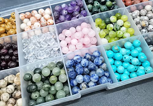 750pcs 6mm Natural Round Stone Beads Healing Engry Crystals Gemstone Beading Loose Gemstone Hole Size 1mm DIY Smooth Beads for Bracelet Necklace Earrings Jewelry Making,Box Packed(15 Material -3,6mm)