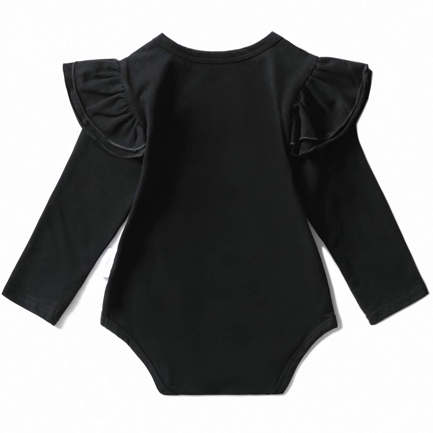 Y·J Back home Black Ruffle Onesie,Baby Girls Flutter Long Sleeve Onesie Organic Cotton Onepiece Boydsuit Shirt Solid Blank Outfit, 9-12 Months