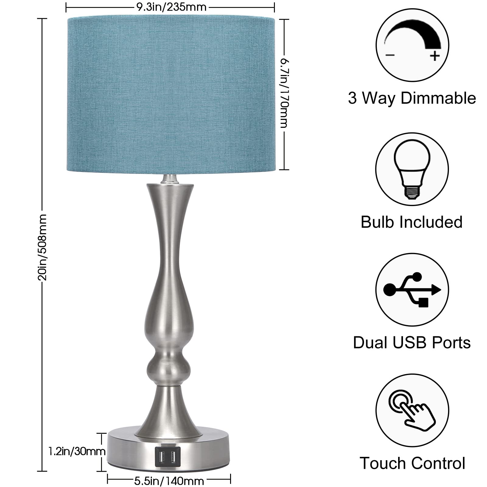 3-Way Dimmable Touch Control Table Lamp with Dual USB Charging Ports, Bedside Touch Lamp Modern Accent Lamp with Blue Lampshade, Bedroom Nightstand Lamp for Living Room Office, 6W LED Bulb Included