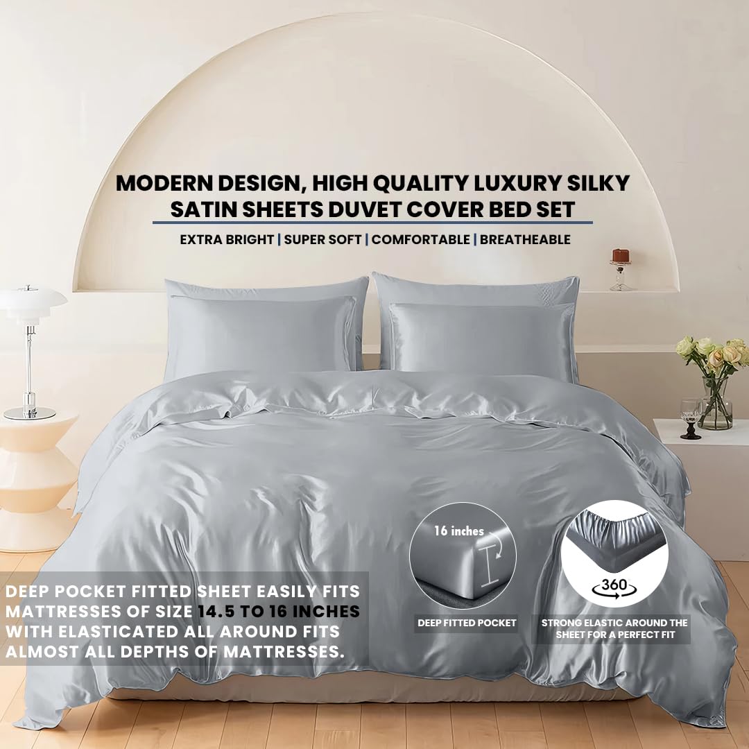 AL AHMEDANI LINEN 6 Piece Satin Sheets Queen and King Size with 4 Pillow Cases, 1 Satin Fitted Sheet, 1 Satin Duvet Cover - Gray