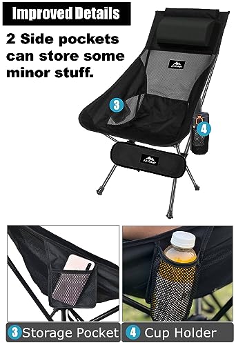 AnYoker Camping Chair, High-Back Compact Backpacking Chair, Portable Folding Chair, Beach Chair with Side Pocket and headrest, Lightweight Hiking Chair 0066ZZ (Black)