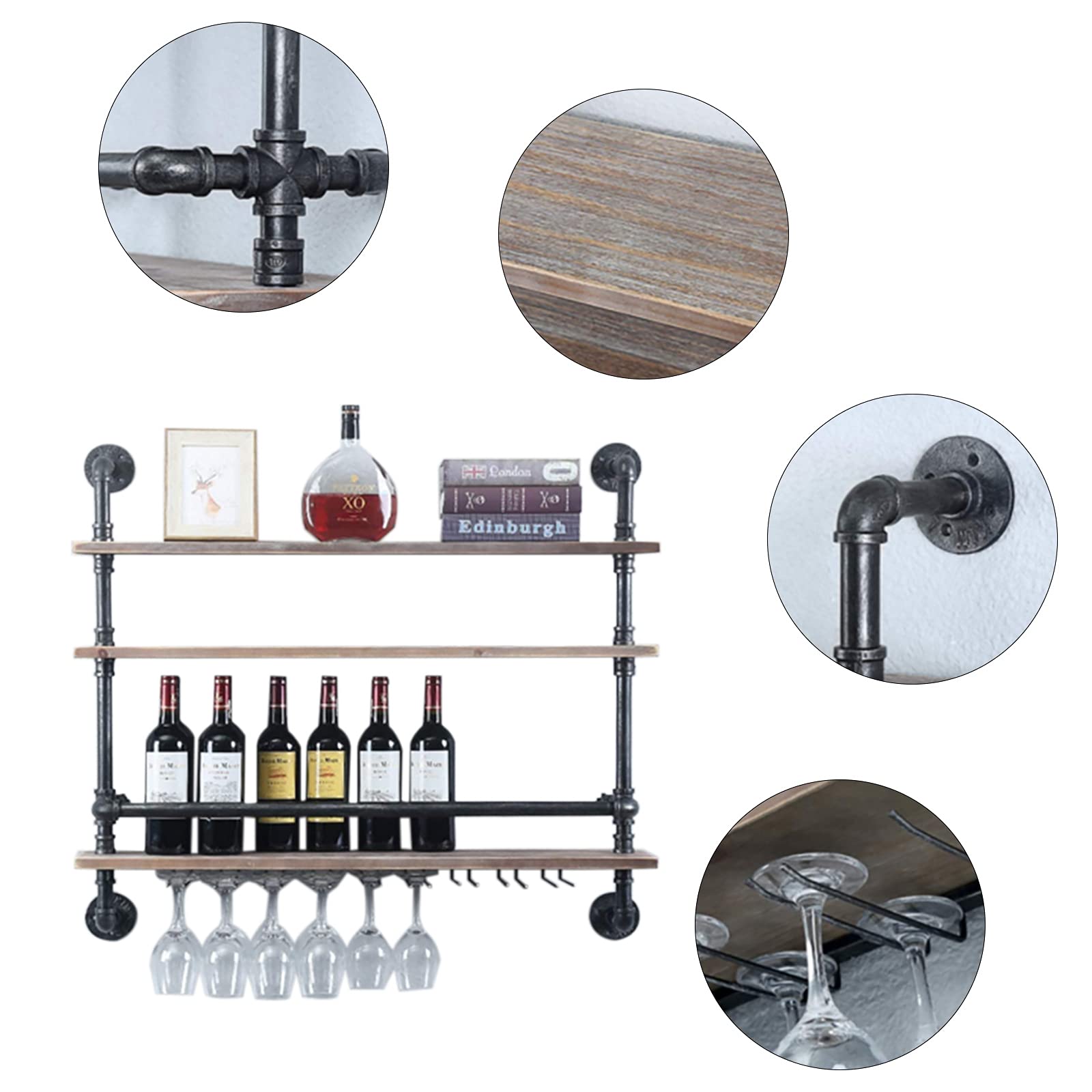 36"Wall Mounted Wine Rack with Shelf &Bottle Glass Holder,Hanging Industrial Pipe Shelves Floating Bar Shelves Rustic Wood Wine Shelf Wall Shelf Storage Unit Shelving Farmhouse Wine Glass Rack