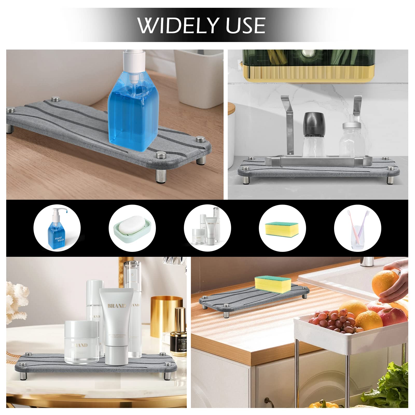 2 Pack Instant Dry Sink Organizer for Bathroom & Kitchen,Spaceaid,Diatomaceous Pedestal Stand Riser with Stainless Steel Feet Protection, counter caddy(Grey)